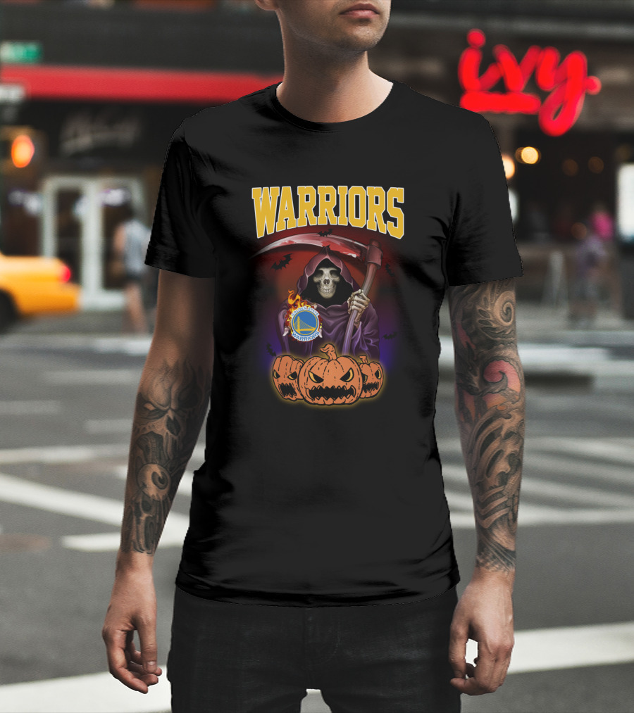 Warriors Grim Reaper Halloween With Golden State Warriors Logo And Pumpkins T-Shirt