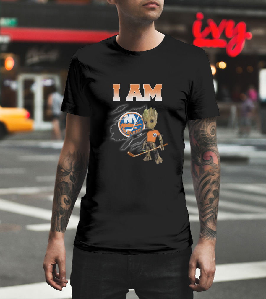 I Am New York Islanders Groot Fan With Hockey Stick T-Shirt