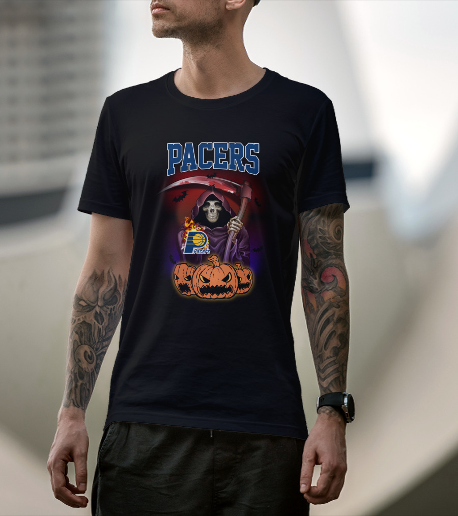 Pacers Grim Reaper Halloween Skull Indiana Pacers Logo Pumpkins T-Shirt