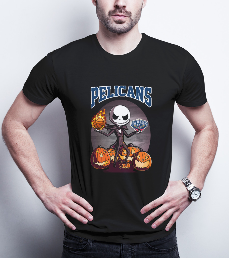 Halloween Jack Skellington With New Orleans Pelicans Logo Surrounded By Pumpkins T-Shirt