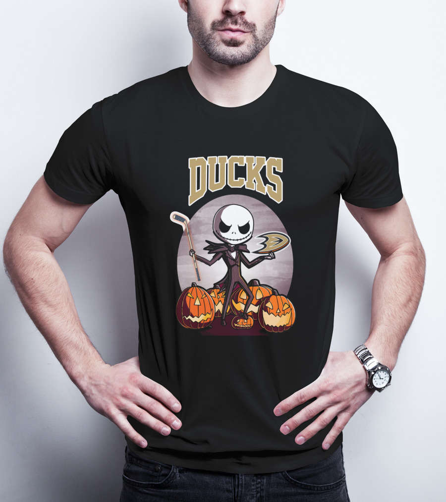 Jack Skellington Halloween Anaheim Ducks Hockey Pumpkins T-Shirt