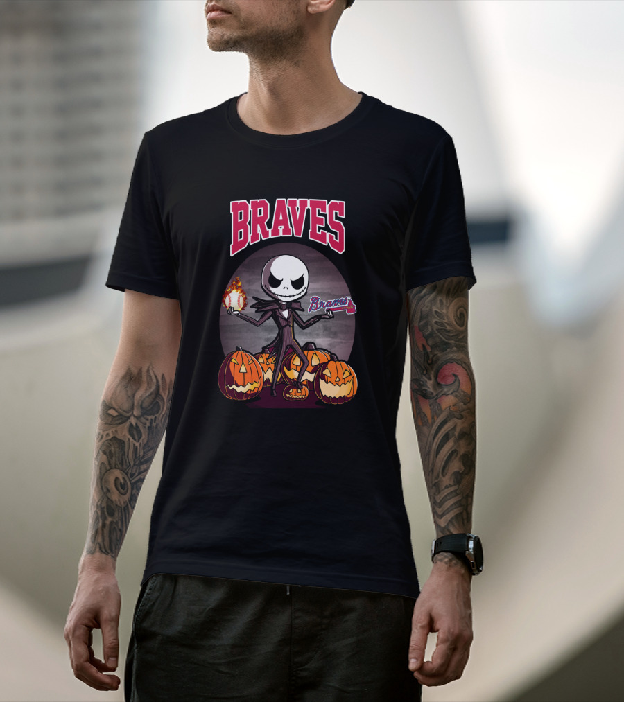 Braves Jack Skellington Halloween Pumpkins With Flaming Baseball T-Shirt