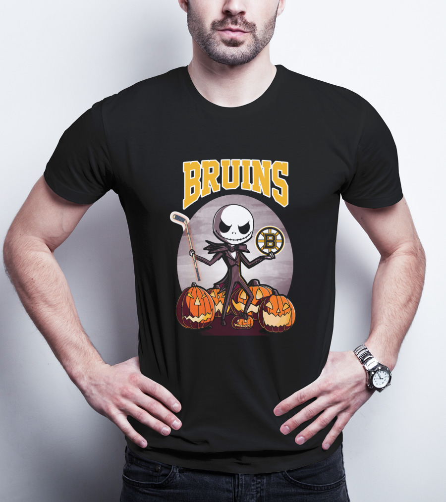 Bruins Jack Skellington Halloween With Boston Hockey Pumpkins T-Shirt