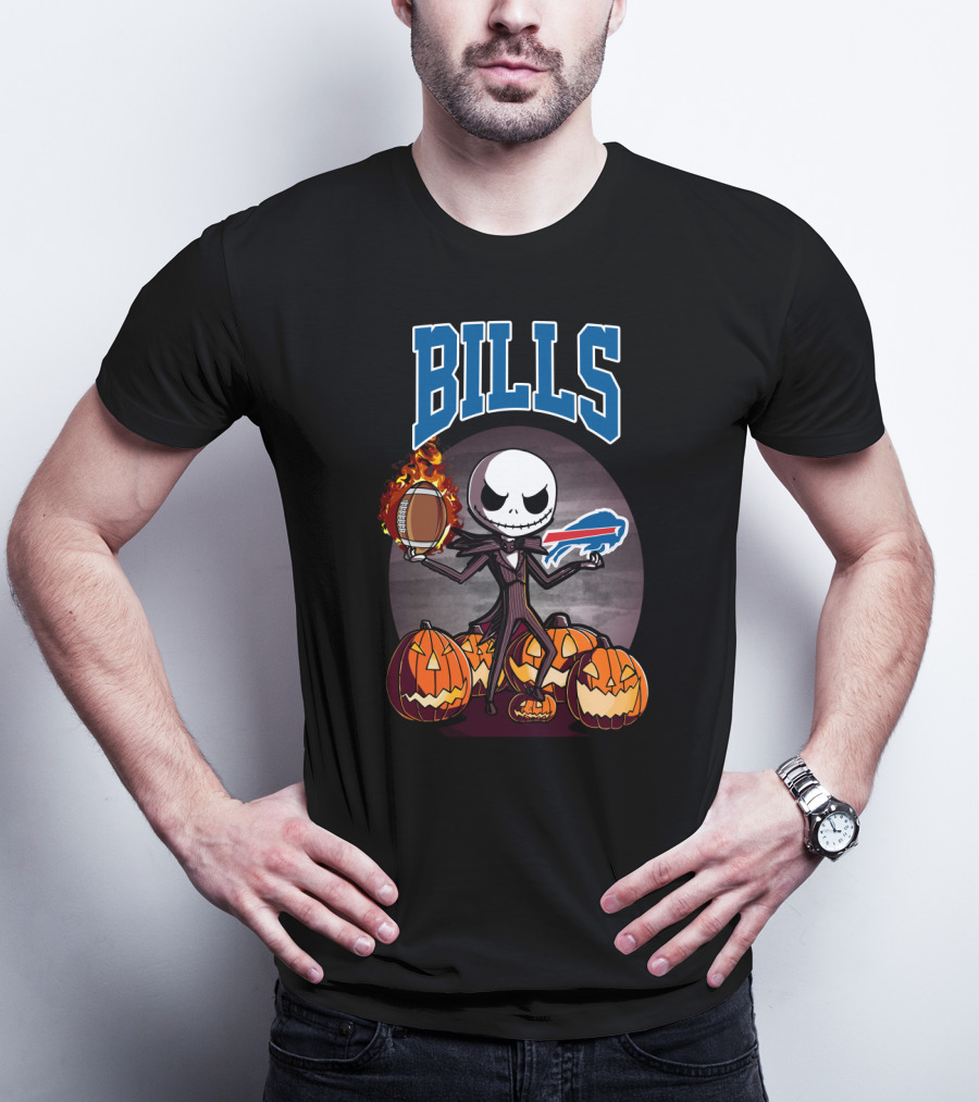 Jack Skellington Buffalo Bills Halloween Pumpkins Football And Flames T-Shirt