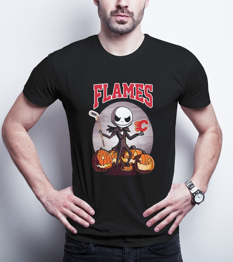 Calgary Flames Jack Skellington Halloween Hockey Pumpkins T-Shirt