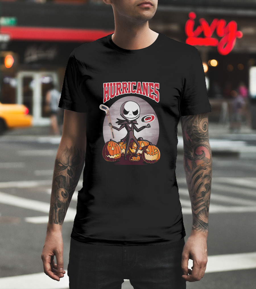 Jack Skellington Carolina Hurricanes Halloween Hockey Pumpkins T-Shirt