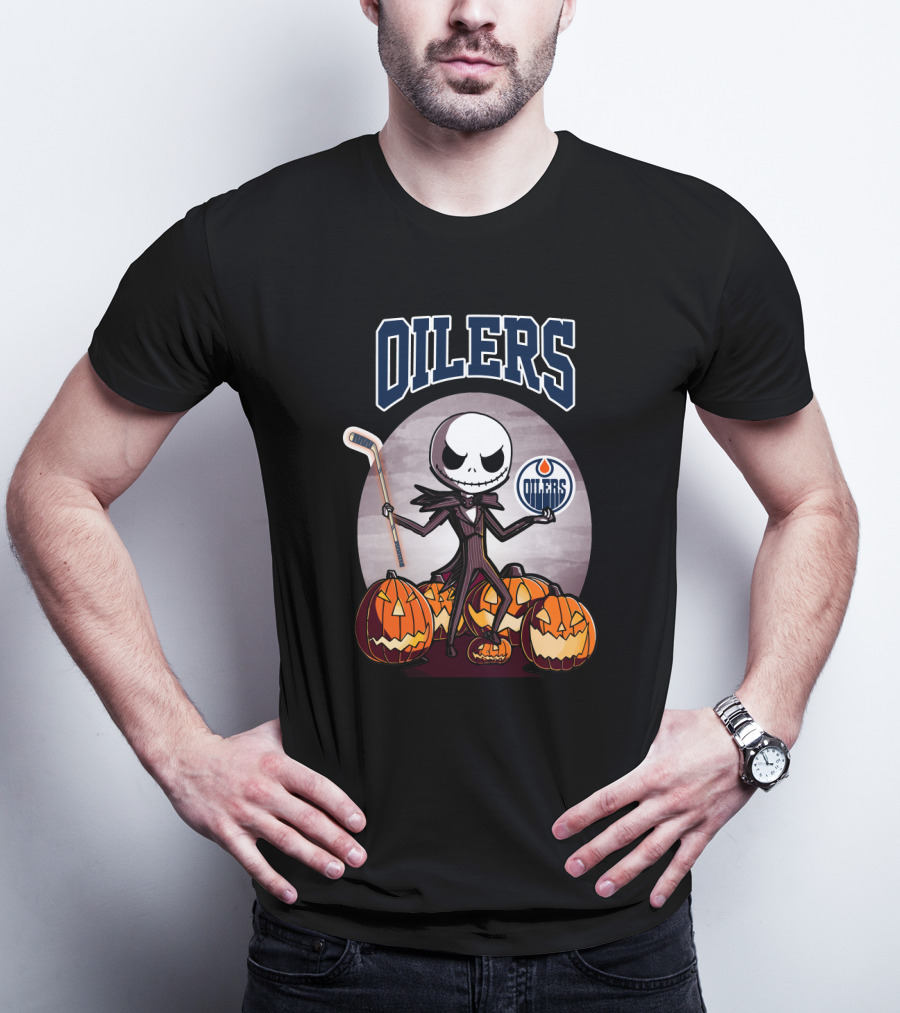 Oilers Jack Skellington Halloween Edmonton Oilers Hockey Pumpkin T-Shirt