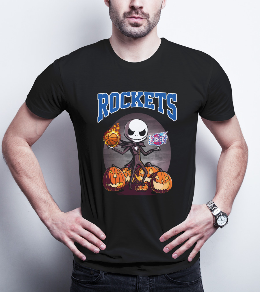 Jack Skellington Halloween Houston Rockets Basketball Pumpkins Scene T-Shirt