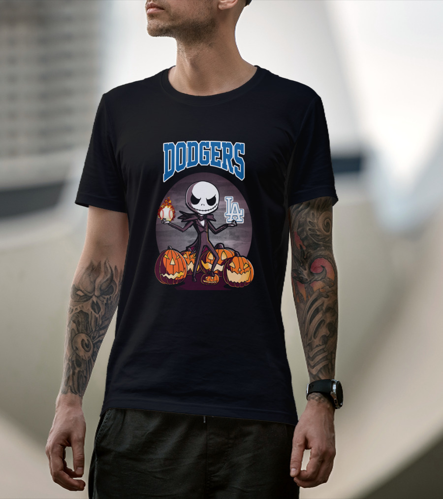 Dodgers Jack Skellington Halloween With LA Logo And Pumpkins T-Shirt