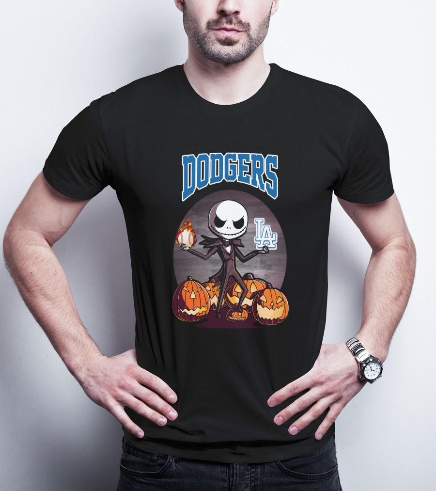 Dodgers Jack Skellington Halloween With LA Logo And Pumpkins T-Shirt