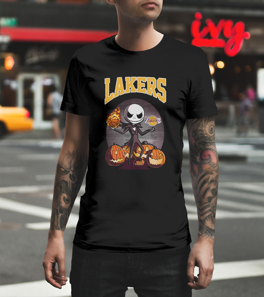 Lakers Jack Skellington Halloween Basketball With Pumpkins And Los Angeles Lakers T-Shirt