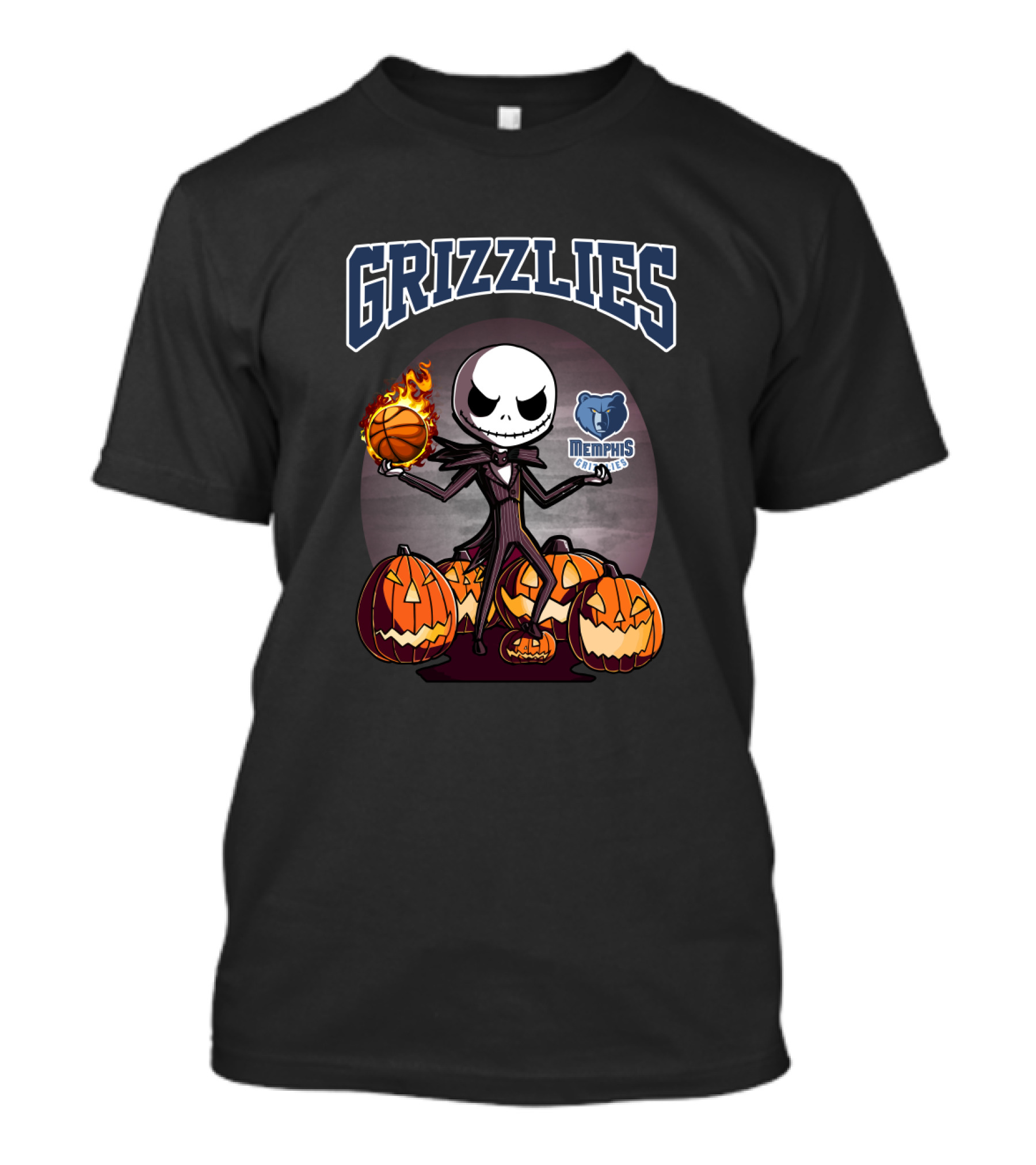 Grizzlies Halloween Jack Skellington With Memphis Basketball And Pumpkins T-Shirt