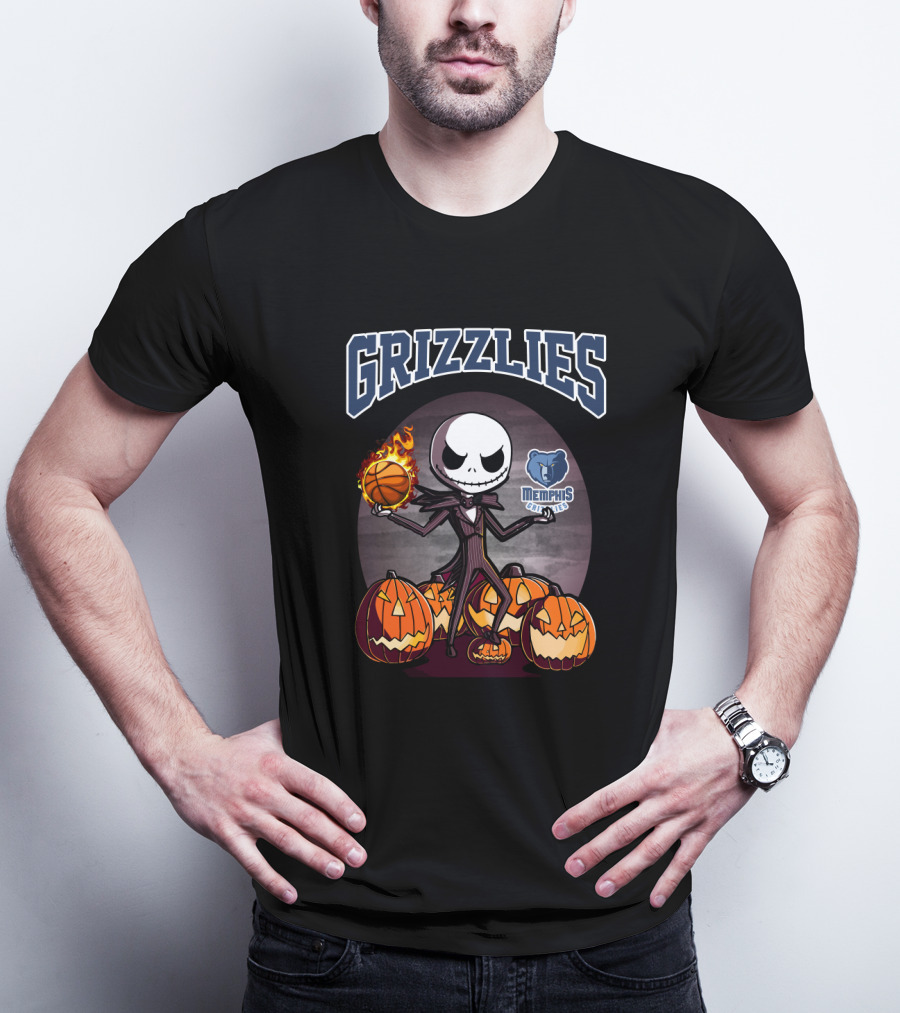 Grizzlies Halloween Jack Skellington With Memphis Basketball And Pumpkins T-Shirt