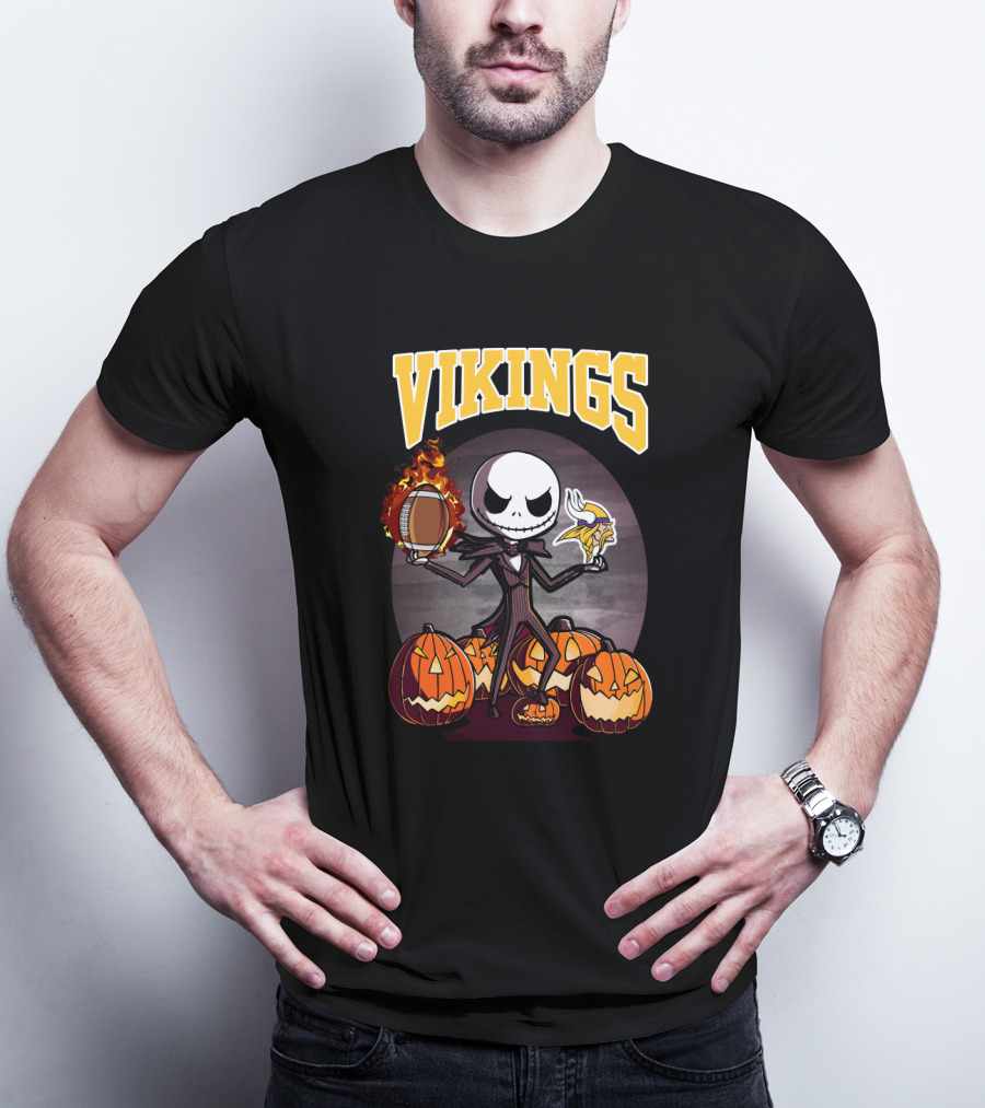 Jack Skellington Halloween Minnesota Vikings Football And Pumpkins T-Shirt