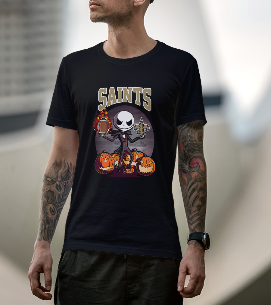 Saints Jack Skellington Halloween Football Pumpkins Fleur-De-Lis T-Shirt