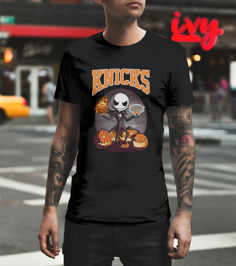 Knicks Jack Skellington Halloween Basketball With Pumpkins T-Shirt