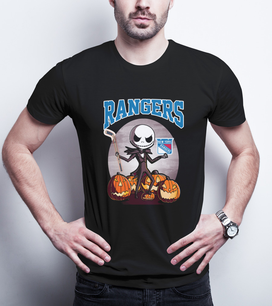 New York Rangers Jack Skellington Halloween Holding Hockey Stick With Pumpkins T-Shirt