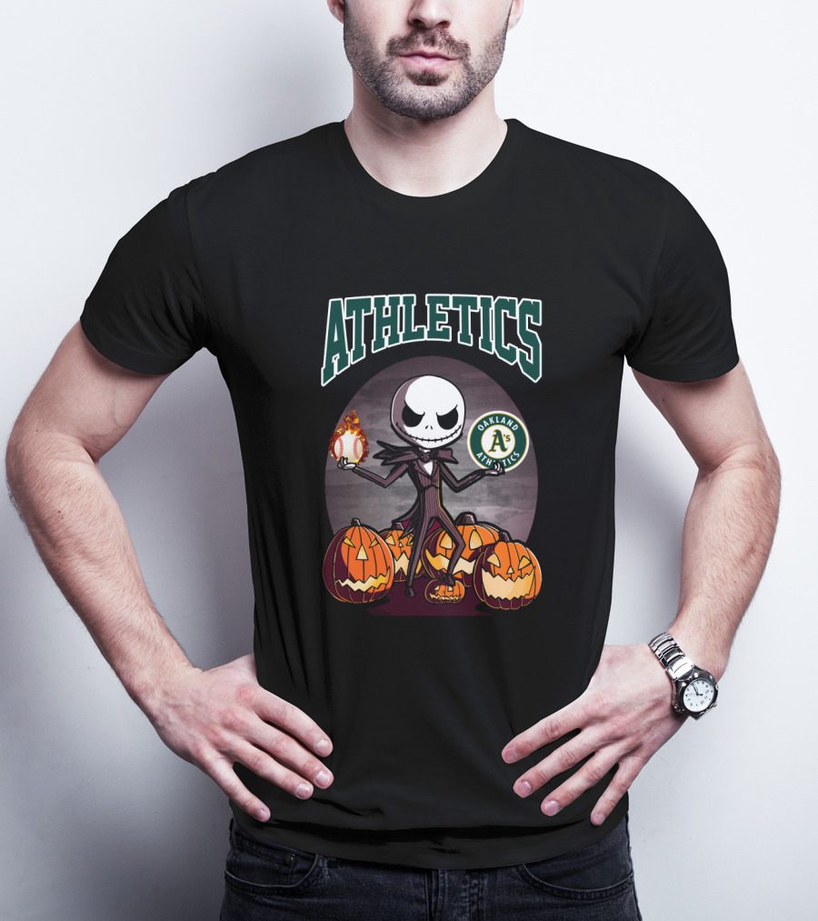 Athletics Jack Skellington With Oakland A's Logo And Halloween Pumpkins T-Shirt