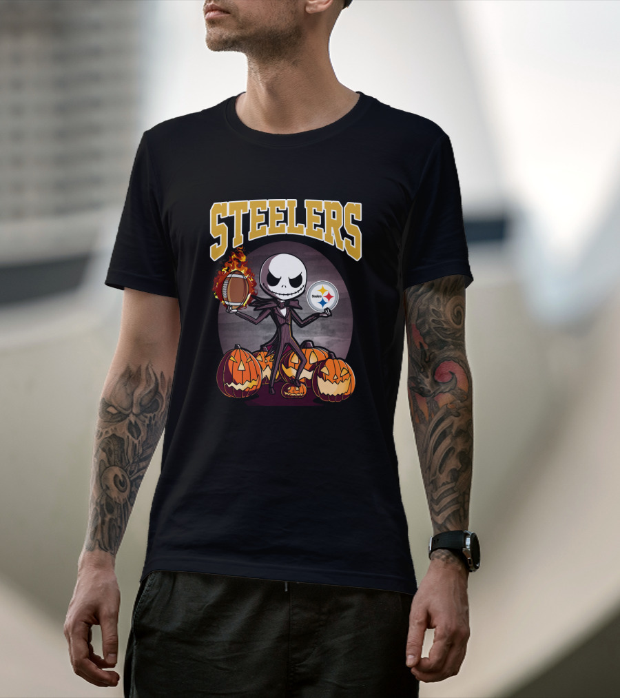 Steelers Jack Skellington Halloween Pumpkins Flaming Football Logos T-Shirt