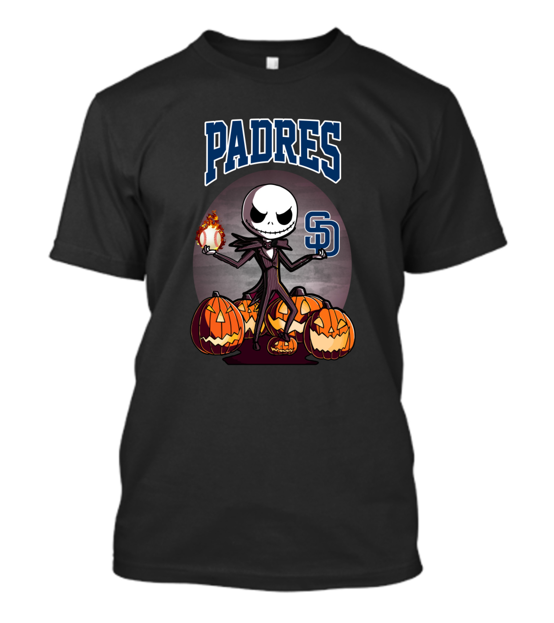 Jack Skellington With San Diego Padres Baseball And Halloween Pumpkins T-Shirt