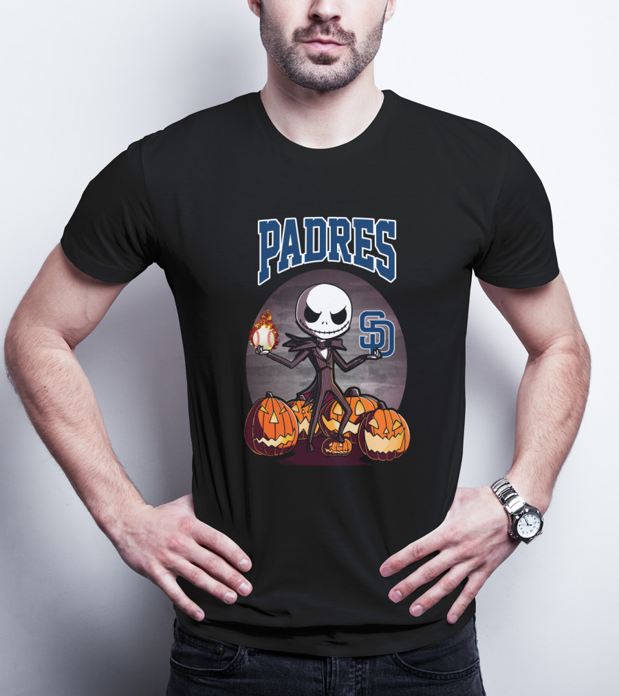 Jack Skellington With San Diego Padres Baseball And Halloween Pumpkins T-Shirt