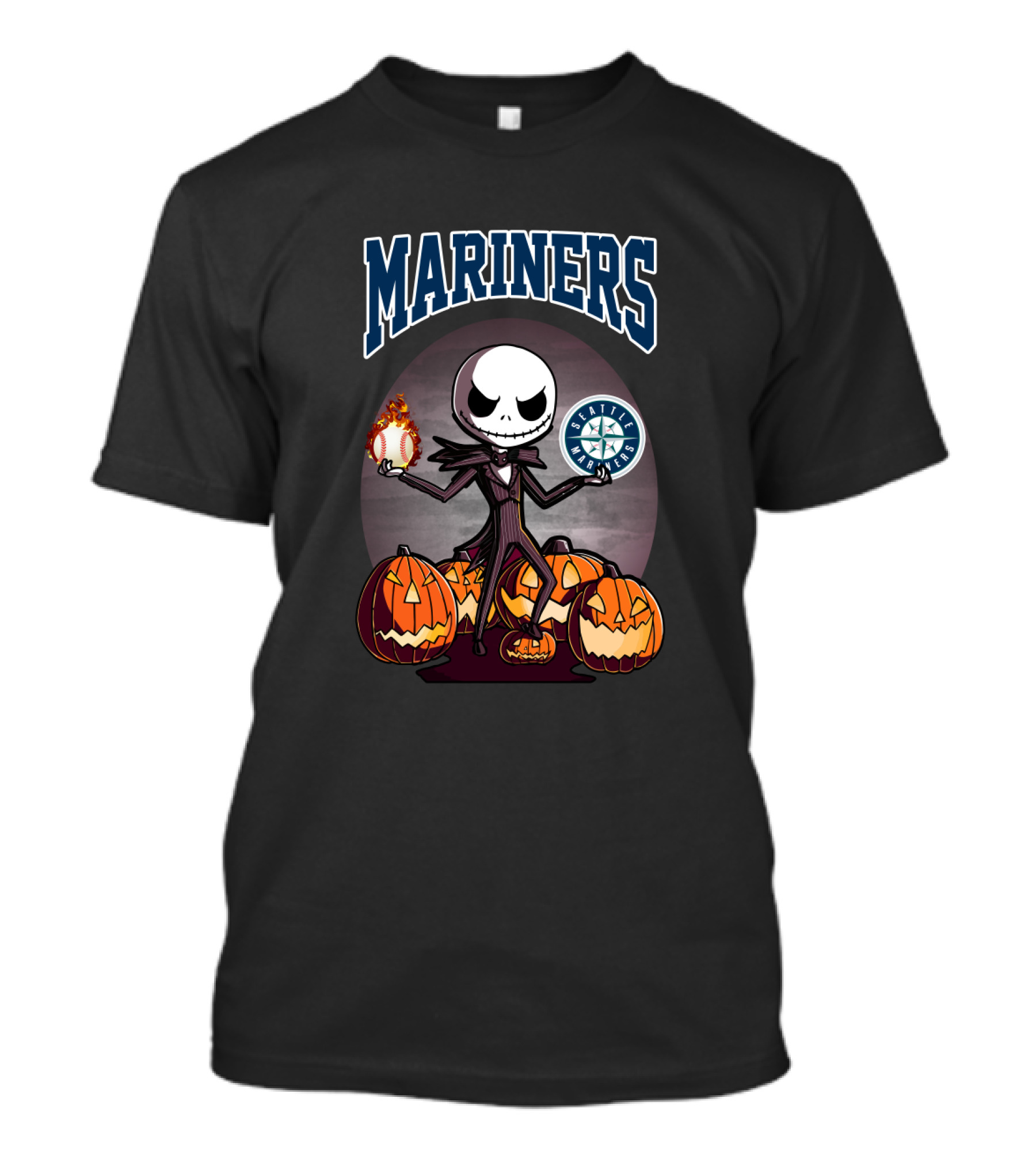 Mariners Jack Skellington Seattle Halloween Baseball And Pumpkins T-Shirt