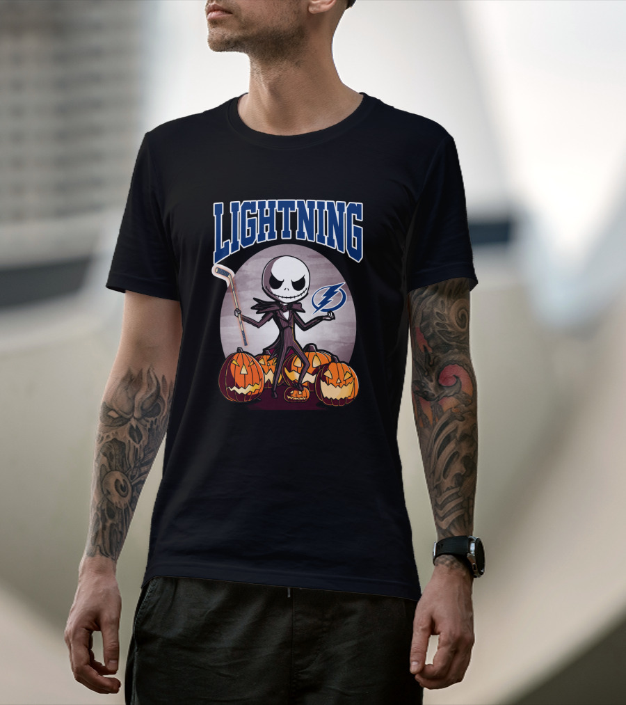 Jack Skellington Halloween Tampa Bay Lightning Hockey And Pumpkins T-Shirt