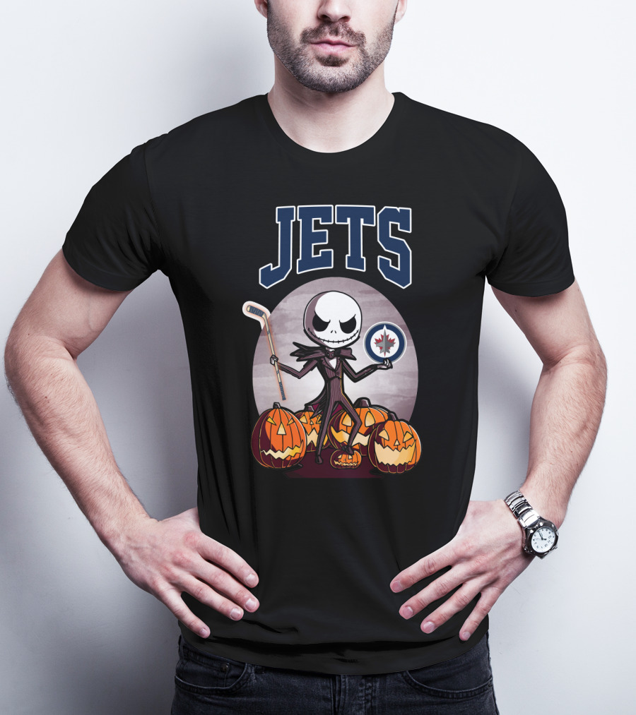 Jack Skellington Halloween Winnipeg Jets Hockey And Pumpkins T-Shirt