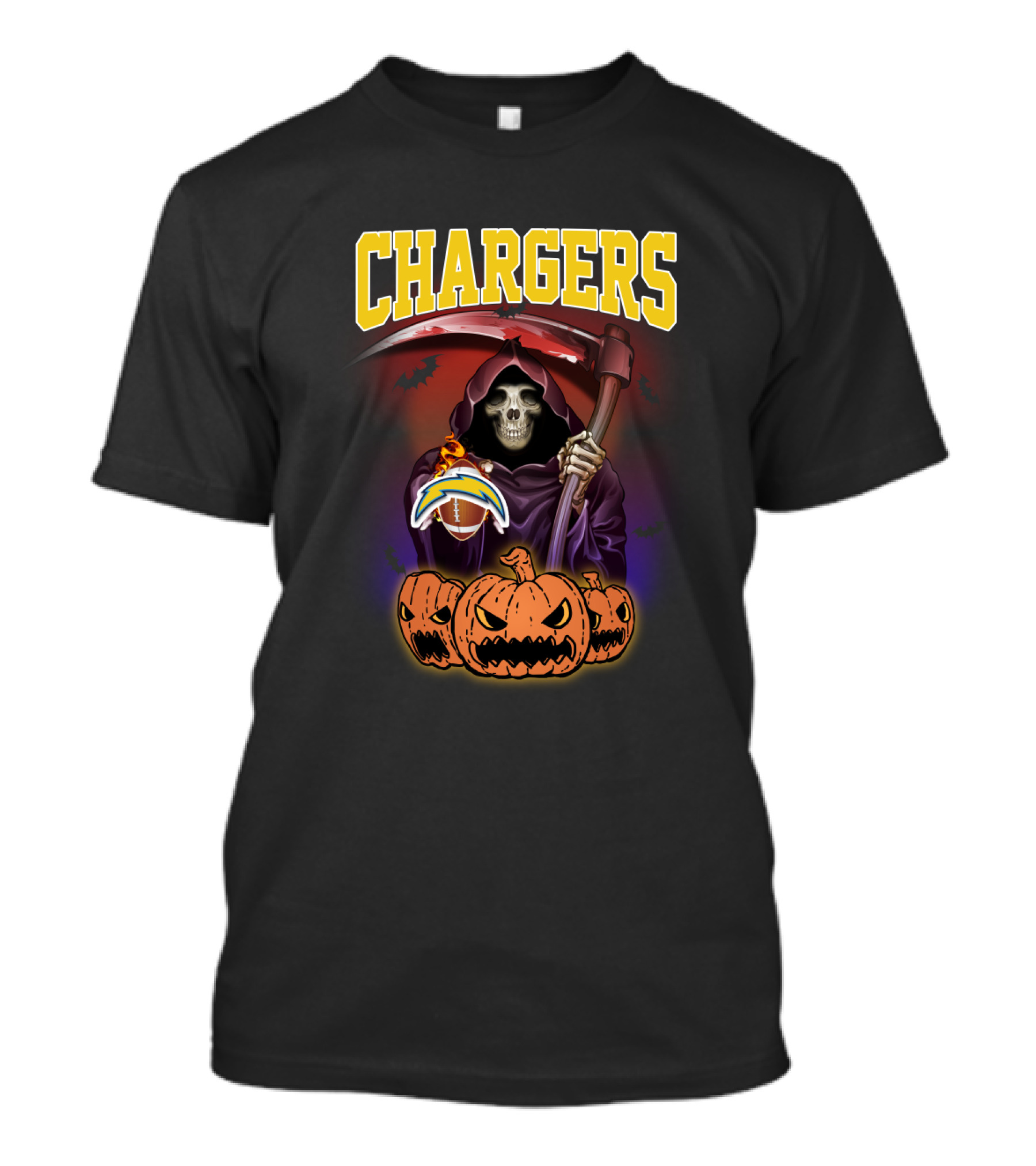 Chargers Grim Reaper With Pumpkins And Football Halloween T-Shirt