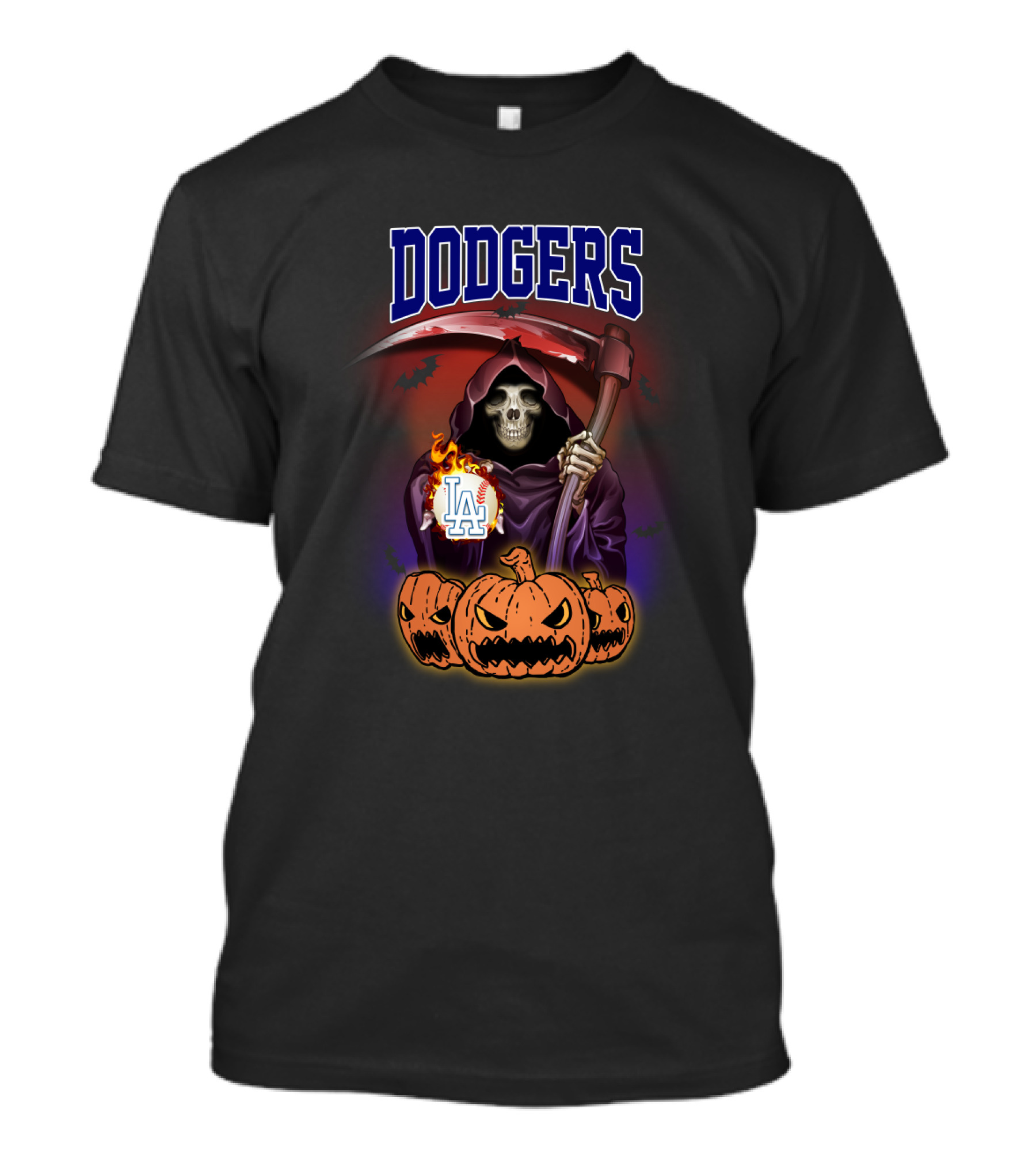 Dodgers Grim Reaper With LA Logo And Halloween Pumpkins T-Shirt