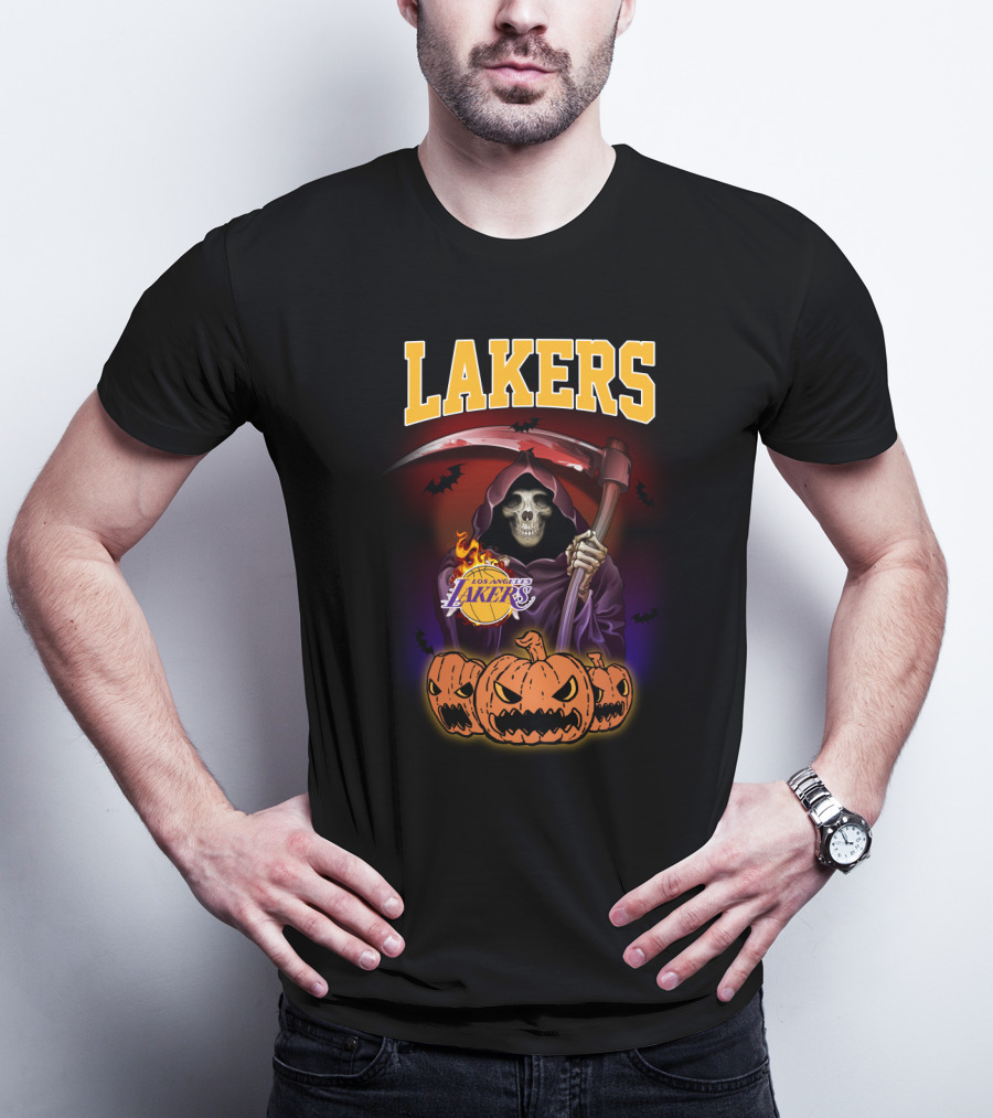 Los Angeles Lakers Reaper Skeleton With Pumpkins Halloween T-Shirt