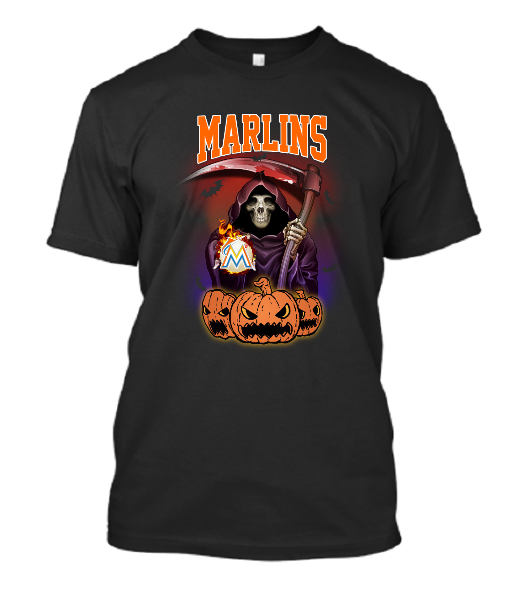 Miami Marlins Reaper With Scythe And Pumpkin Trio Halloween T-Shirt