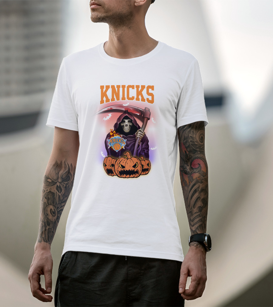 Knicks Grim Reaper Halloween Pumpkins New York Basketball T-Shirt