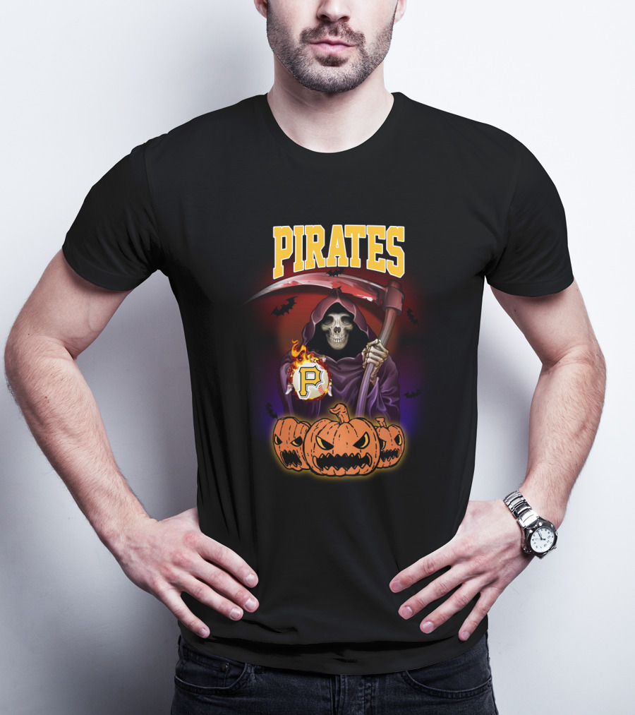 Pittsburgh Pirates Reaper With Scythe And Flaming Baseball Surrounded By Pumpkins Halloween T-Shirt