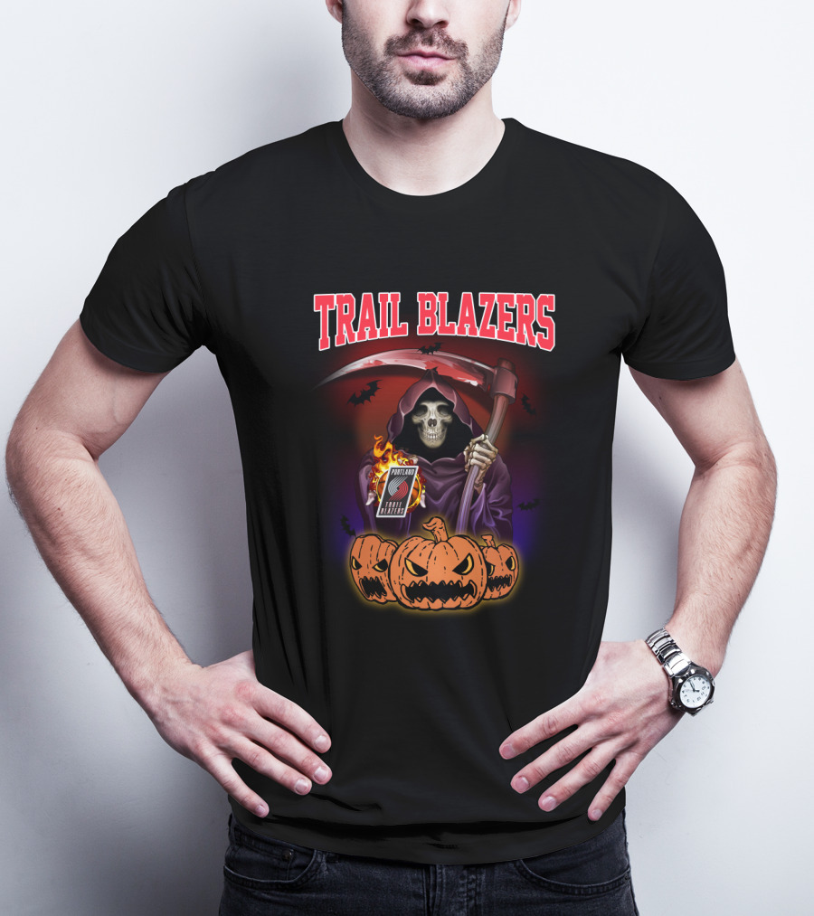 Trail Blazers Halloween Grim Reaper With Scythe And Pumpkins T-Shirt