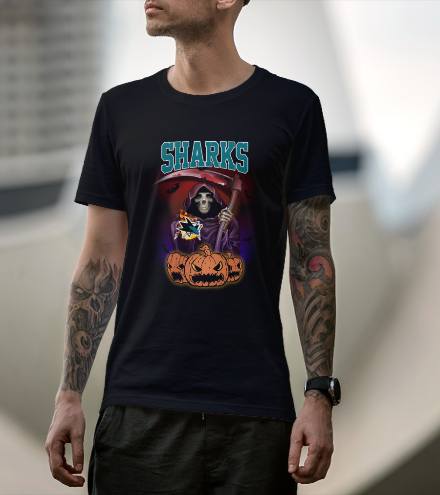 Sharks Reaper With Scythe And Pumpkins San Jose T-Shirt