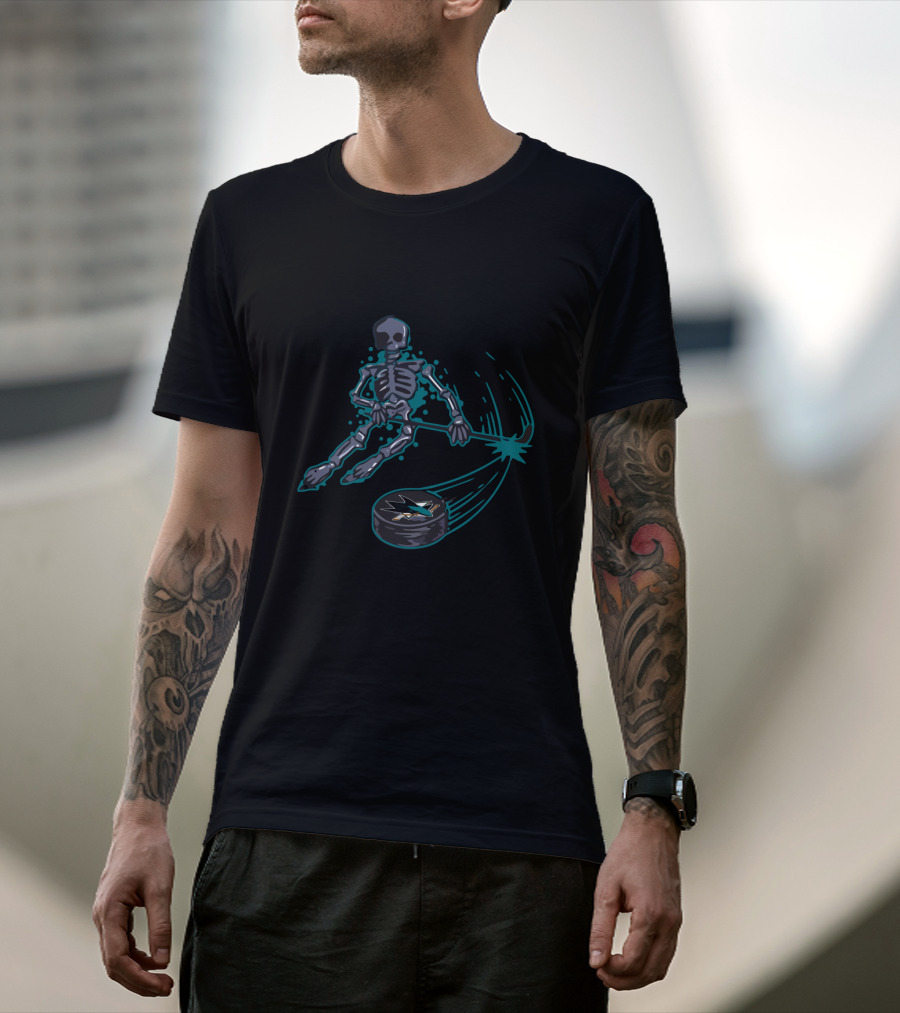 San Jose Sharks Skeleton Ice Hockey Graphic With Teal And Black Elements T-Shirt