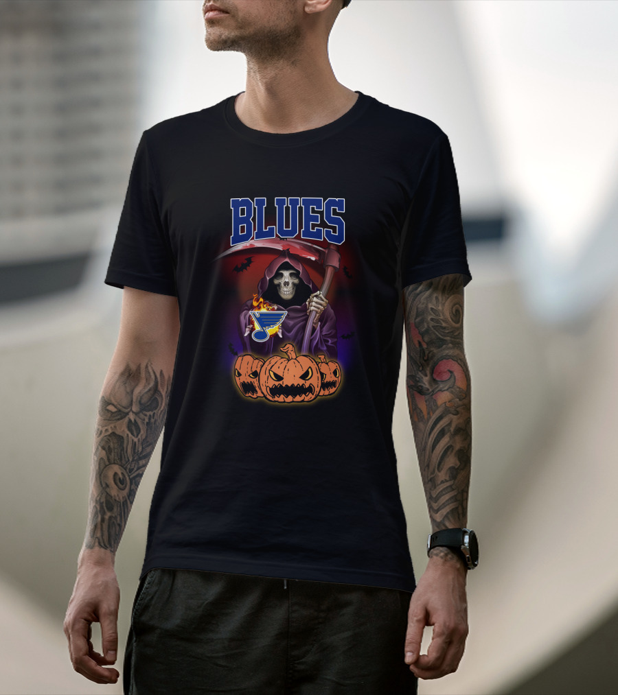 Blues Reaper Grim Reaper Pumpkin Halloween St. Louis T-Shirt