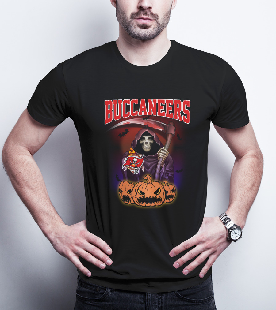 Buccaneers Grim Reaper With Scythe And Jack-O'-Lanterns Halloween T-Shirt