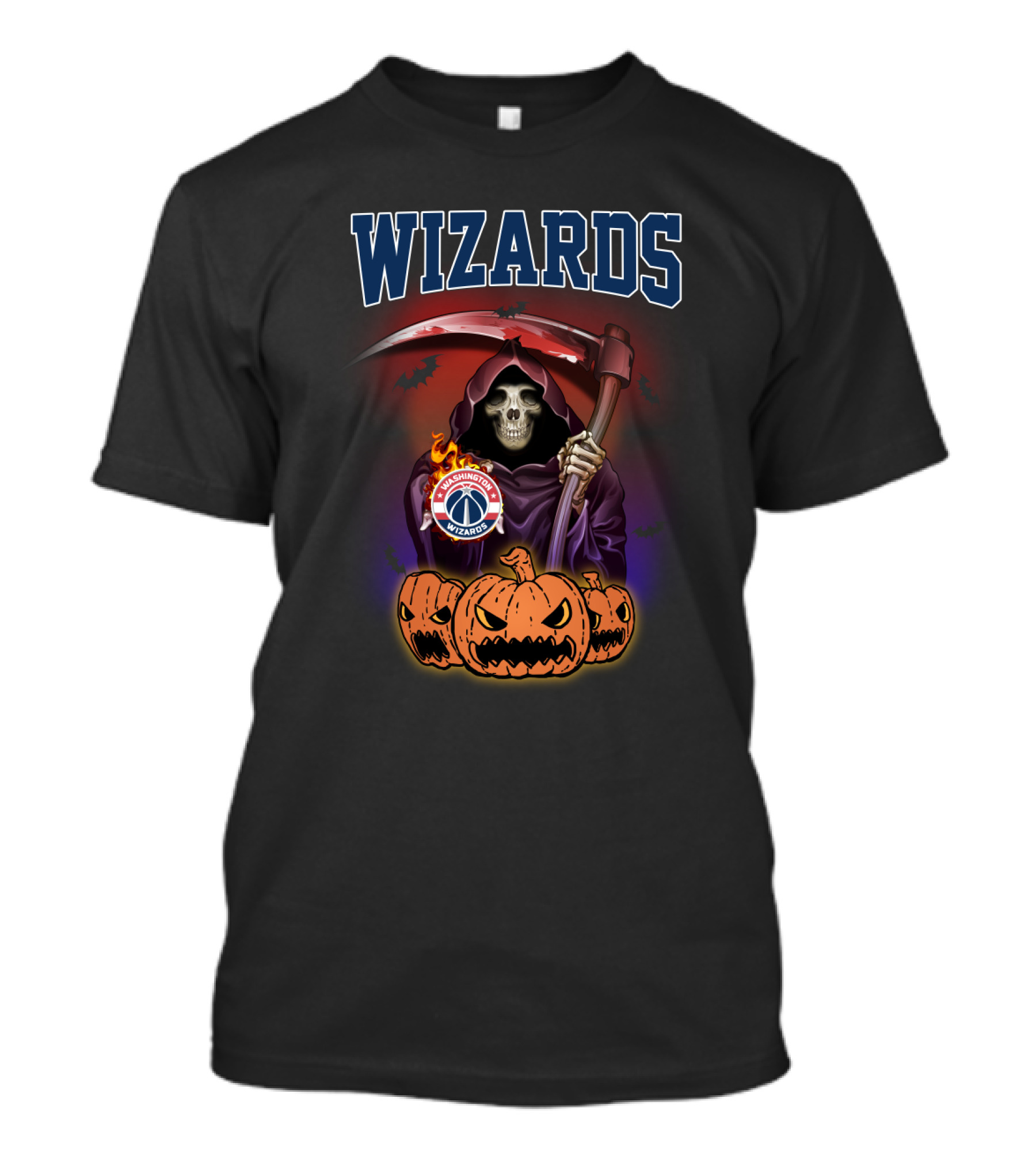 Wizards Skeleton With Scythe And Washington Wizards Logo Surrounded By Pumpkins T-Shirt