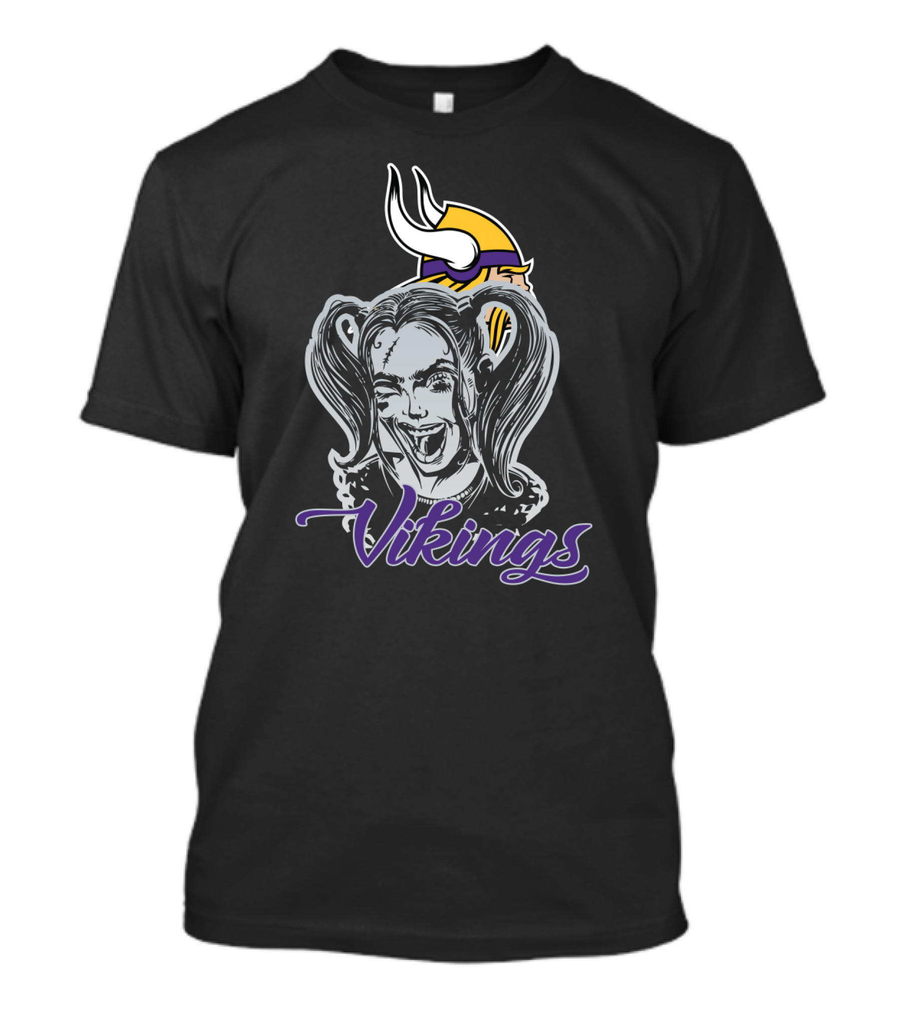 Harley Quinn Smiling With Minnesota Vikings Logo And Vikings T-Shirt