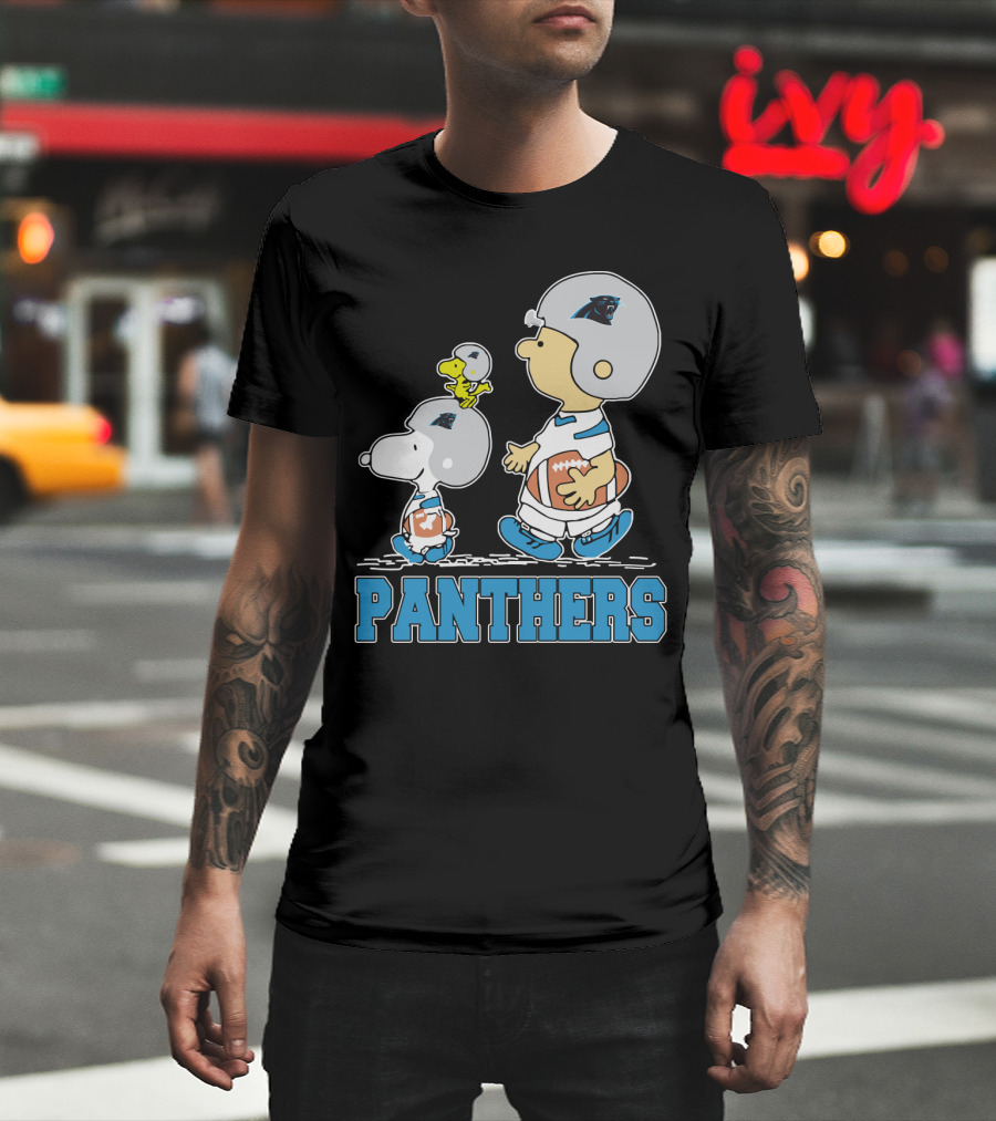 Snoopy And Woodstock With Carolina Panthers Football Helmets T-Shirt