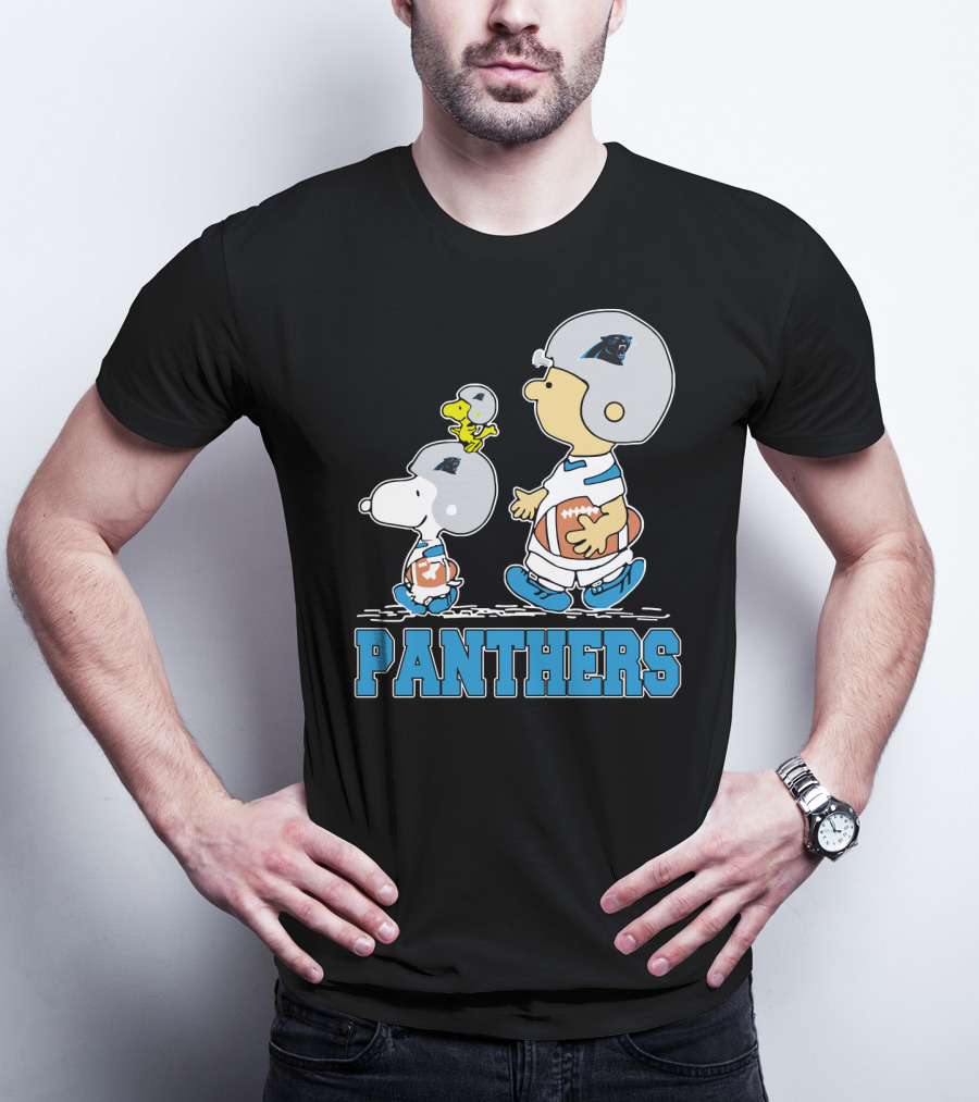 Snoopy And Woodstock With Carolina Panthers Football Helmets T-Shirt