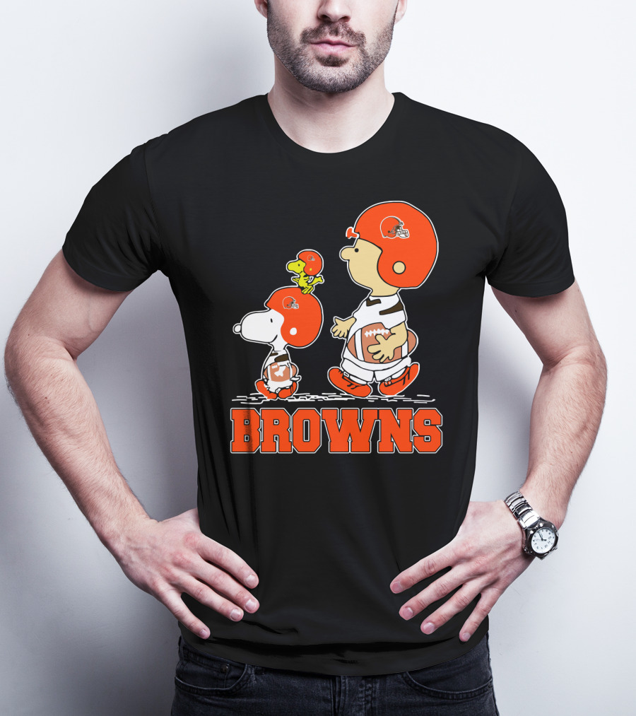 Snoopy And Woodstock With Cleveland Browns Football Helmets And Browns T-Shirt