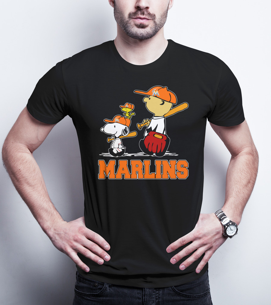 Marlins Snoopy Woodstock And Charlie Brown Baseball Fans T-Shirt