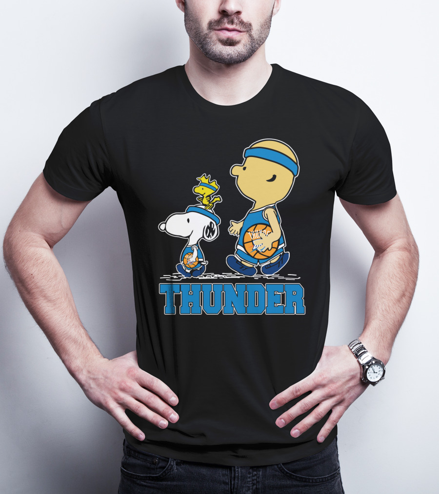 Snoopy And Oklahoma City Thunder Basketball Fans Walking With Woodstock T-Shirt