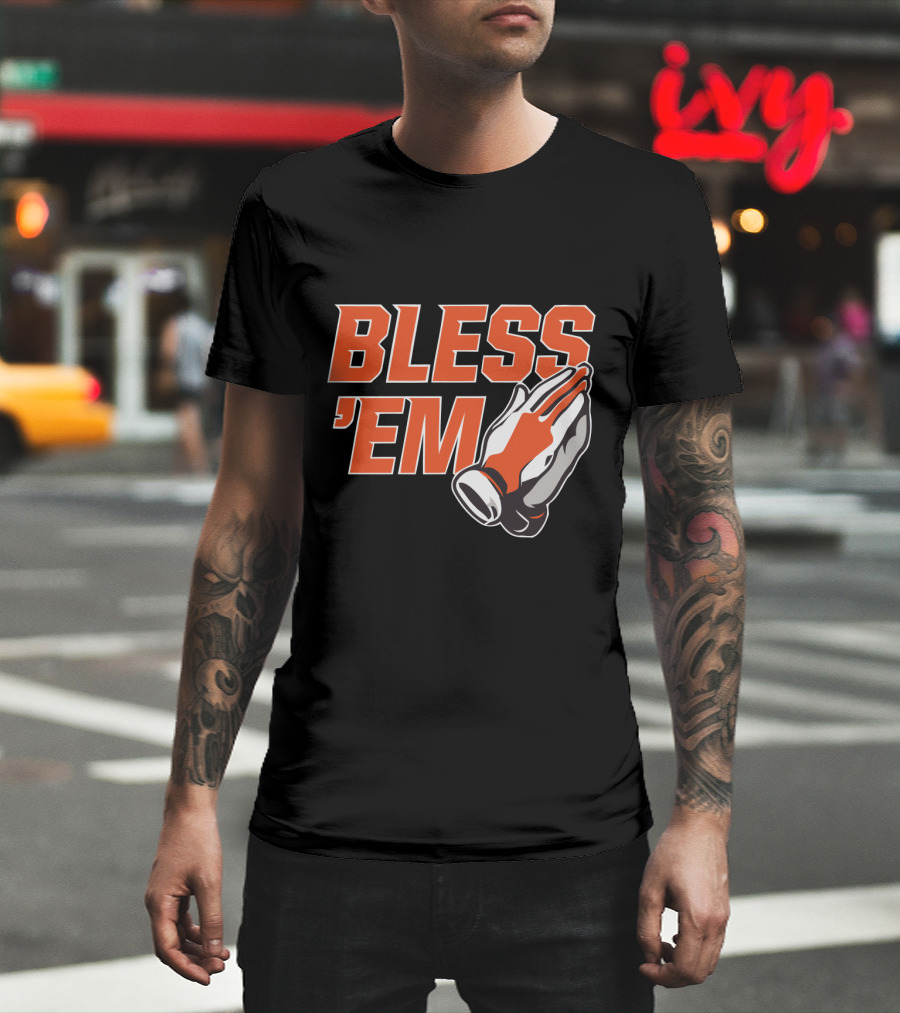 BLESS 'EM Praying Hands In Bold Orange And Black T-Shirt