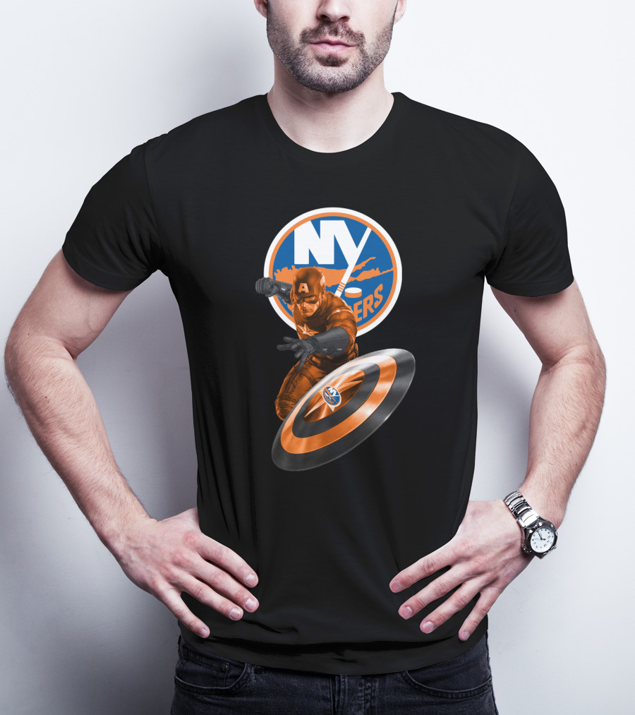 New York Islanders Captain America Collaboration Shield And Logo Graphics T-Shirt