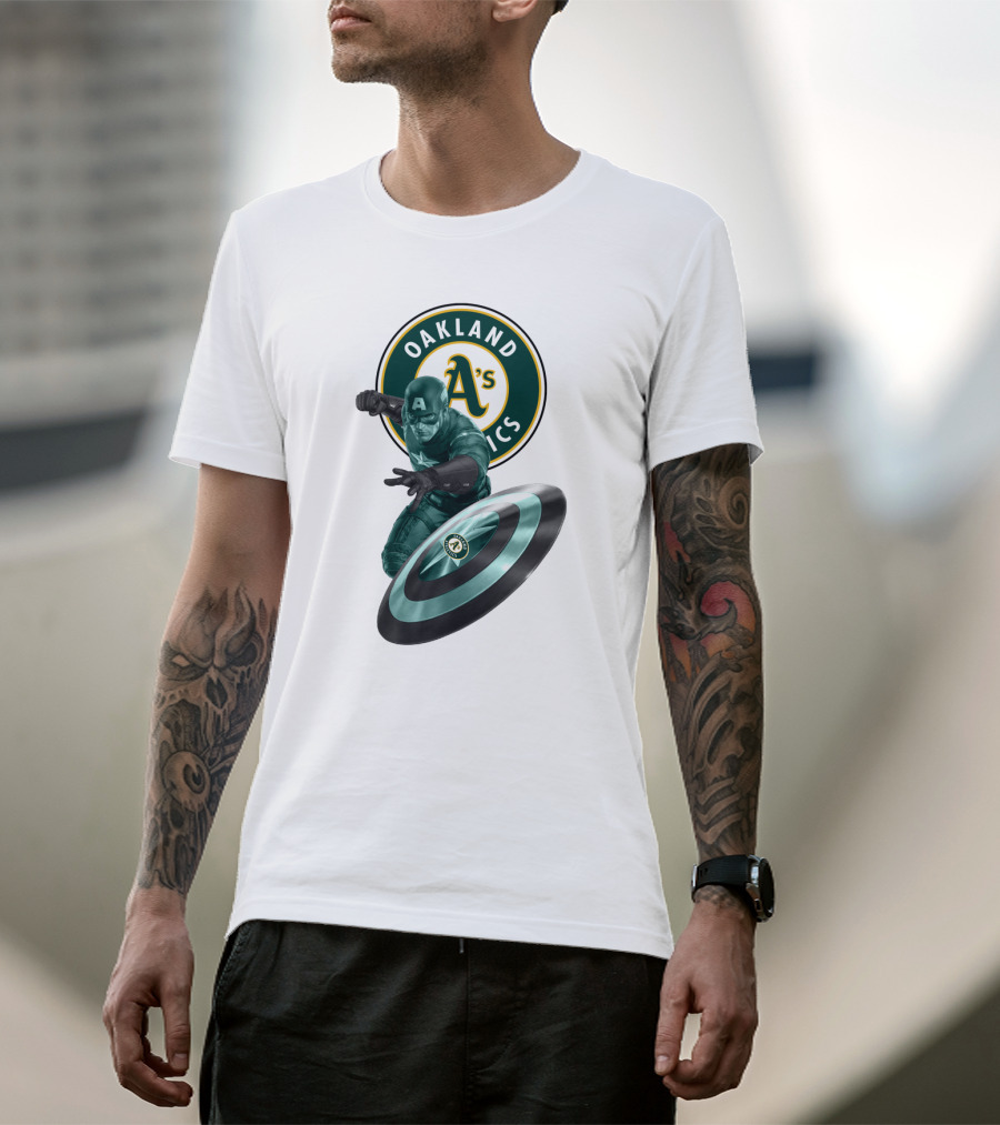 Oakland Athletics A's Logo With Captain America's Shield And Heroic Pose T-Shirt