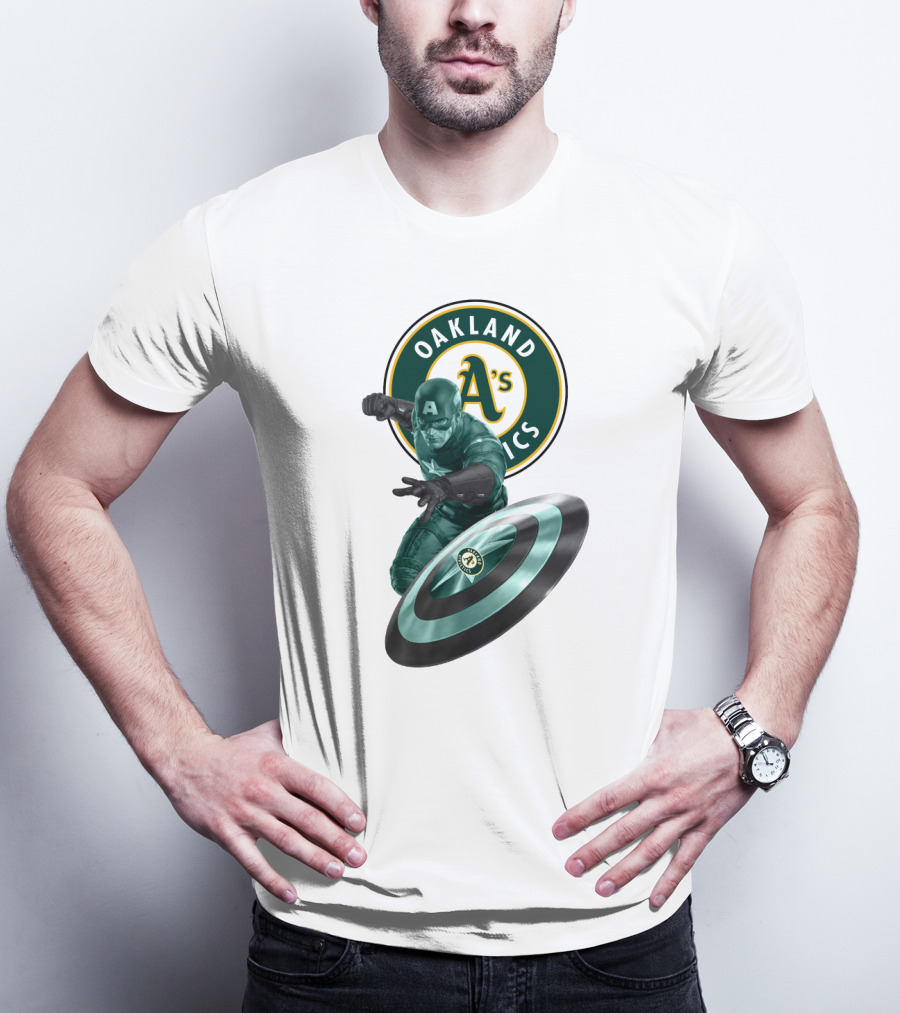 Oakland Athletics A's Logo With Captain America's Shield And Heroic Pose T-Shirt